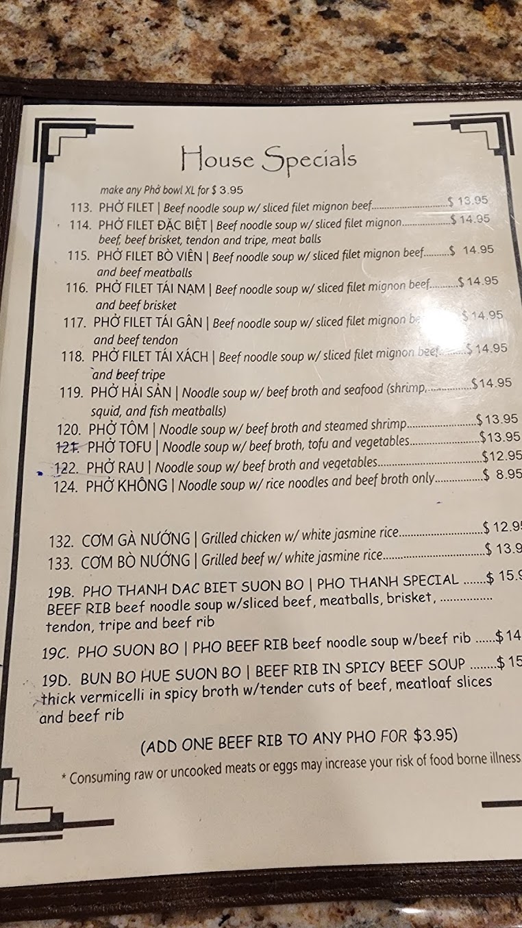 Pho Thanh Restaurant Menu (update October 2025)